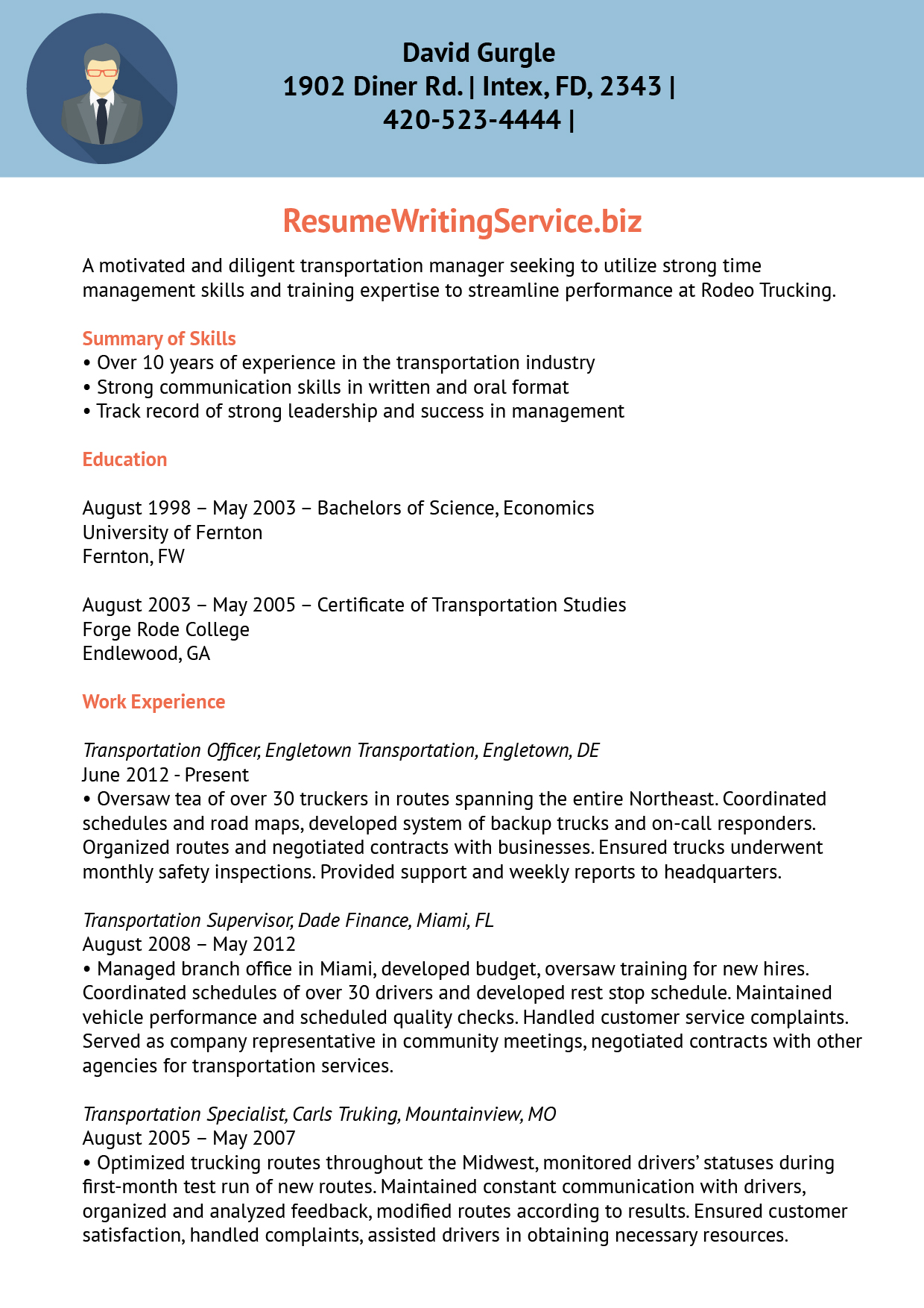 Transport Facility Supervisor Resume Sample